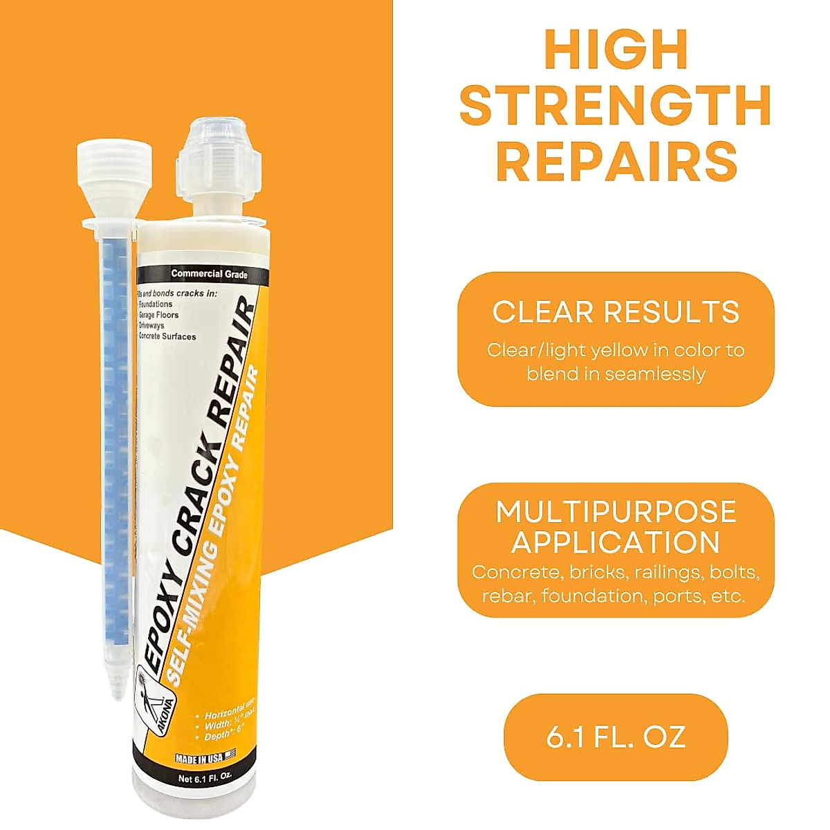 Akona Epoxy Crack Repair - Injectable Crack Filler, Repair Concrete, Brick, Foundational Cracks, & Water Leaks, Seals Holes, High Strength, Clear Liquid Epoxy Resin (6 Ounce, 1)