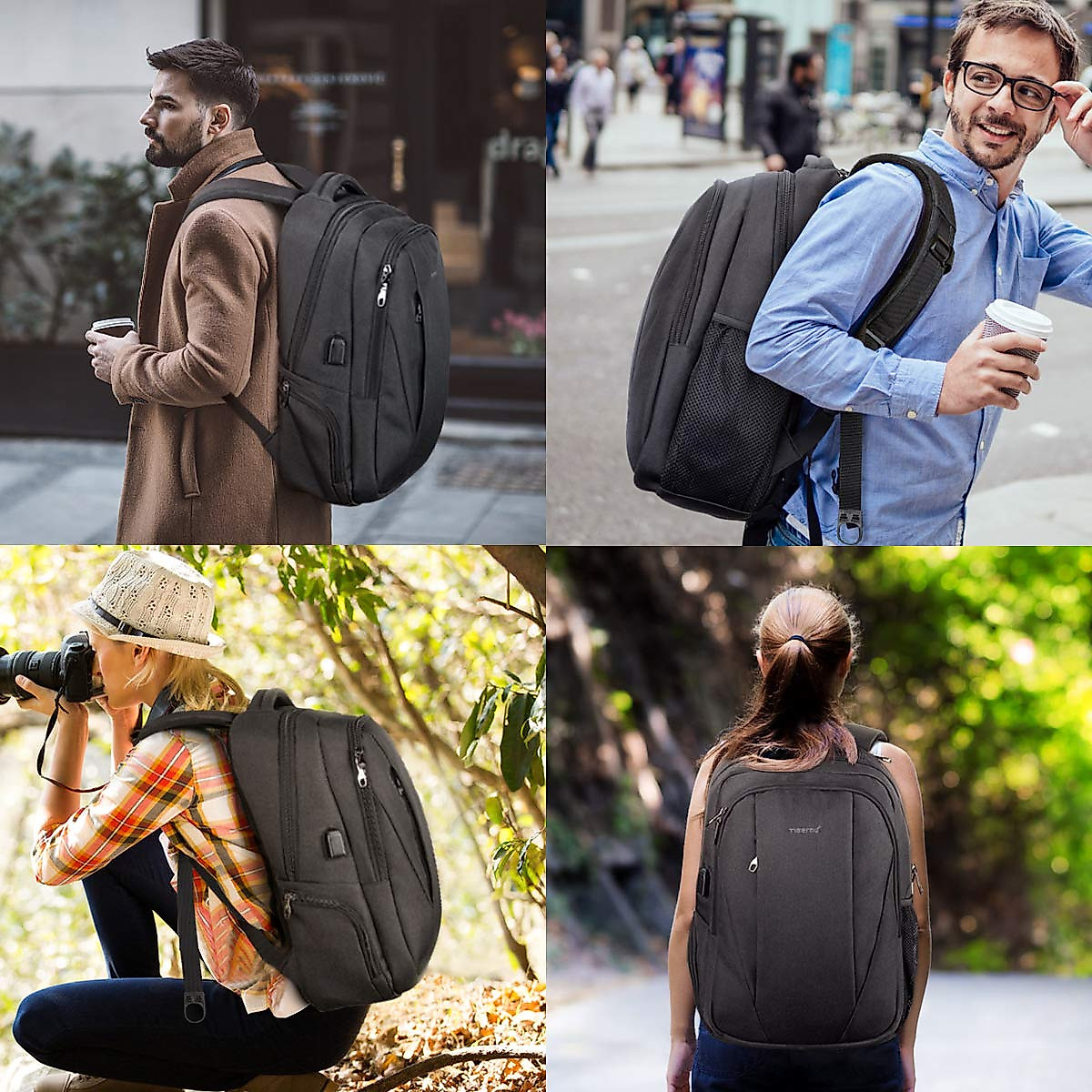 TIGERNU Laptop Backpack, Business Slim Anti-theft Backpacks with USB Charging Port, Water Resistant College Bookbag with Laptop Compartment for Men Work, Fits 15.6 Inch Laptop and Notebook, Black