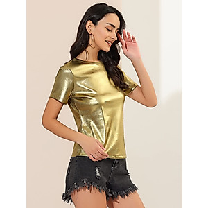 Allegra K Women's Party Metallic Textured Short Sleeve Shiny Multicolor Top Medium Gold