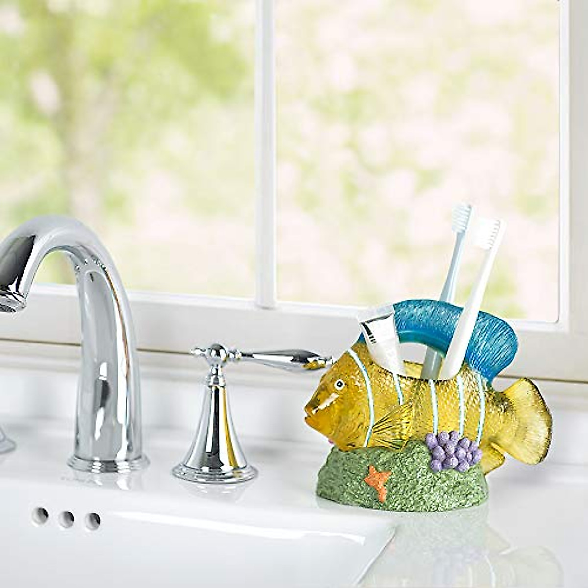 Allure Home Creation Under The Sea Fish 4-Piece Bathroom Accessory Set-Resin Lotion Dispenser, Toothbrush Holder, Soap Dish and Plastic Wastebasket