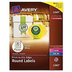 Avery 22807 Round Easy Peel Labels44; 2 in. Dia.44; Glossy44; White44; 120-Pack