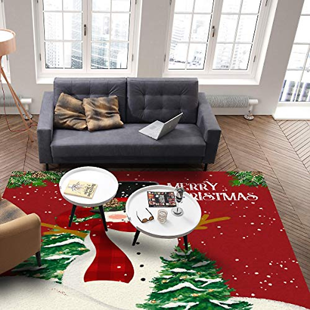 Indoor Area Rug - Welcome Mat Living Room Area Rugs Washable Non-Slip Floor Carpet for Bedroom Farmhouse Dorm (Merry Christmas Snowman Xmas Tree Red, 2'x3')