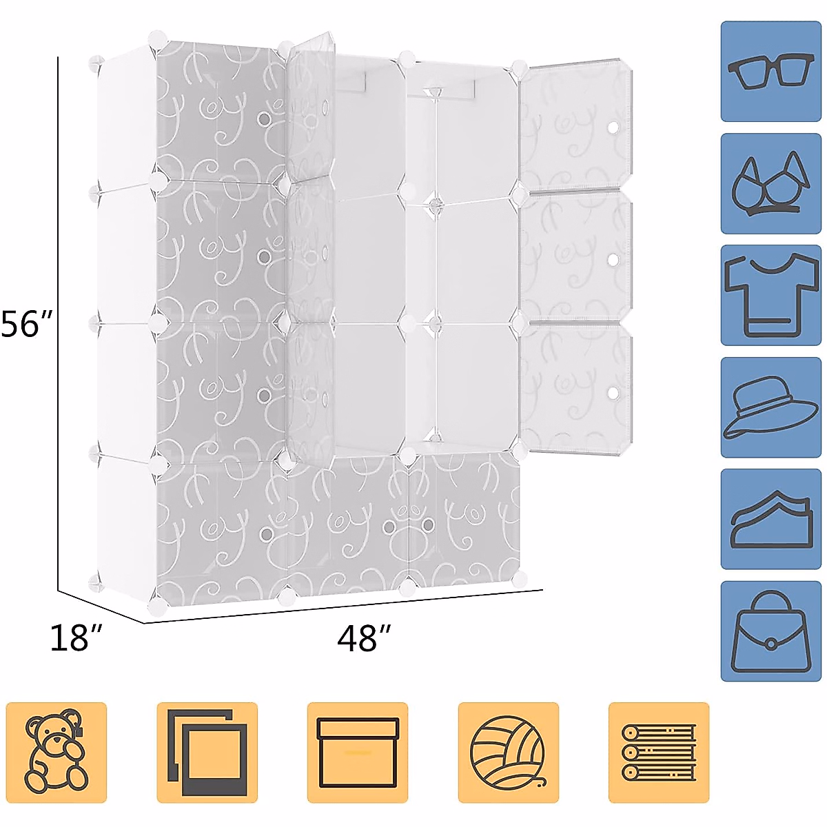 Choies DIY Portable Storage Organizer with Door,14"x18" Depth Cube Clothes Closets,12 Cubes, Portable Wardrobe Closets, Storage Cabinet,Organizer Shelving Bookshelf Toy Organizer(White)