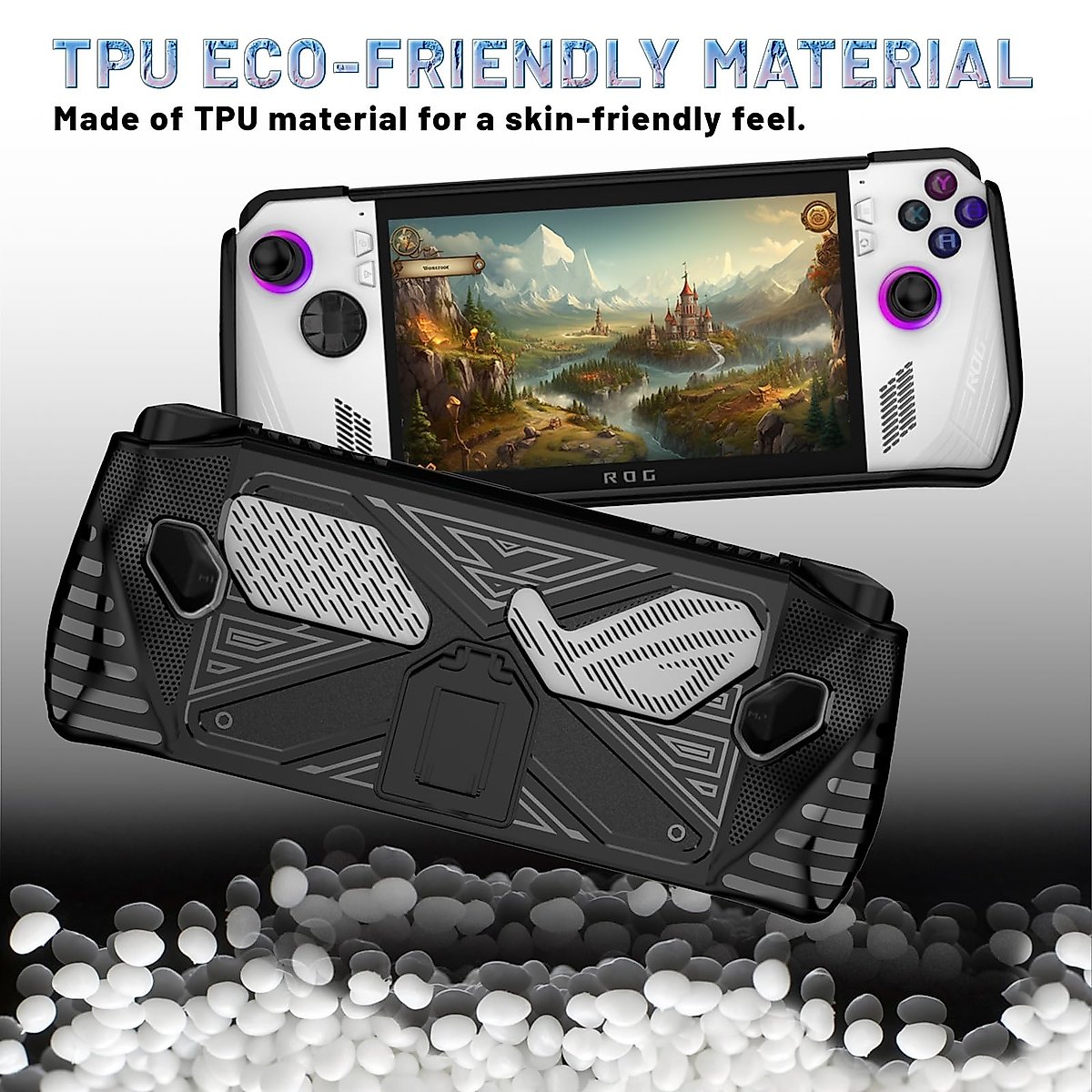 PAKESI Protection Case for ASUS ROG Ally - Rugged TPU with Built-in Stand for Game Handheld Console - Anti-Drop Shockproof Shell with 2 Pack Screen Protector (Black)