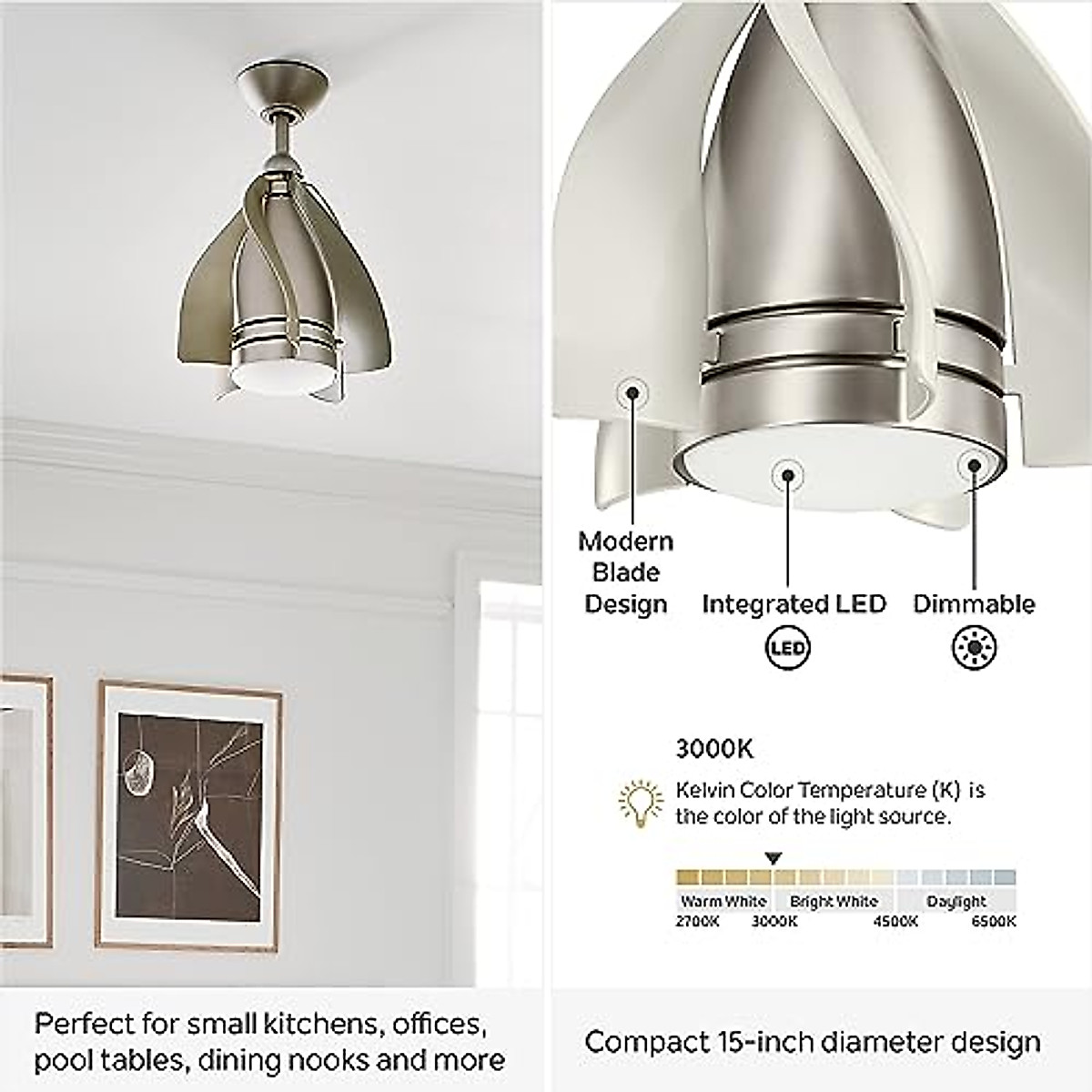 Kichler Terna 15" LED Ceiling Fan in Brushed Nickel, 5-Blade Modern Ceiling Fan with Remote Control, 3000K, (15" W x 19.75" H), 300230NI