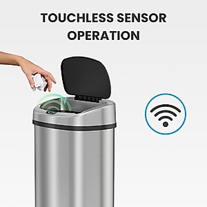 iTouchless 13 Gallon SensorCan Kitchen Trash Can with Odor Filter, Stainless Steel, Oval Shape, Sensor-Activated Lid Garbage Bin for Home, Office, Slim Space-Saving, Battery & AC Adapter not included