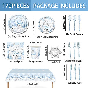 170pcs Winter Woodland Baby Shower Decorations Arctic Animals Plates Napkins Baby It's Cold Outside Snowflake Penguin Arctic Fox Tableware Set Banner Tablecloth for 24 Guests