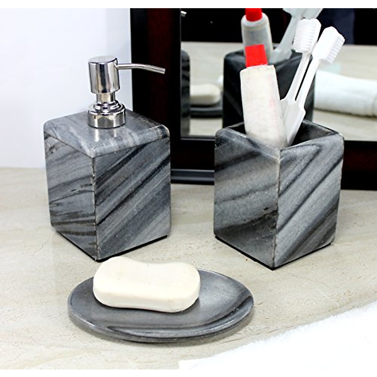 KLEO - Bathroom Accessory Set Made from Natural Stone - Bath Accessories Set Includes Soap Dispenser, Toothbrush Holder, Soap Dish (Grey - Set of 3)