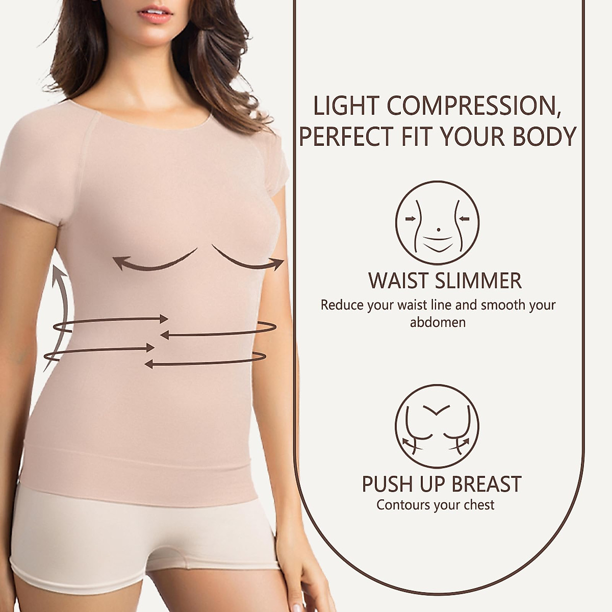 +MD Women's Seamless T-Shirt Scoop Neck Short Sleeve Comfort Light Control Shapewear Undershirt Pyjamas