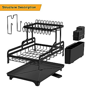 IBEDMAZIE Dish Drying Rack Large Size Without Installation 2-Tier Metal Dish Rack for Kitchen Counter with Drain Board (Black)