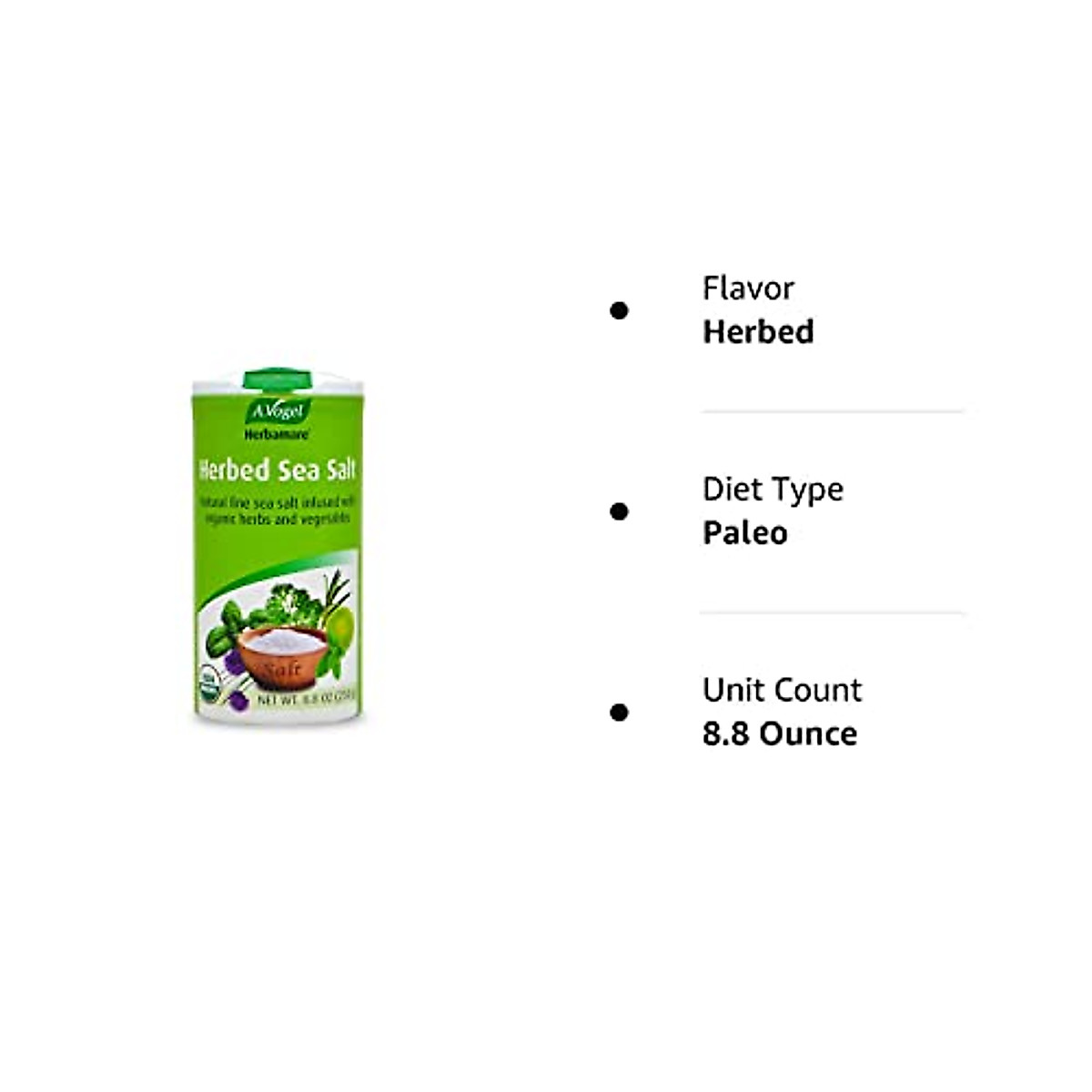 A. Vogel Herbamare Seasoned Sea Salt - USDA Organic - Seasoning Salt Infused with 12 Herbs - 33% Less Sodium - Non-GMO - Gluten Free - Kosher - 8.8 oz