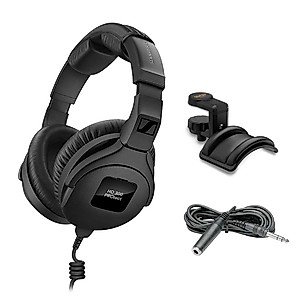 Sennheiser HD 300 Pro Headphones, Black with Headphone Holder & Stereo 1/4" Male Phone TRS Headphone Extension Cable 10'