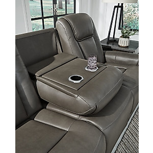 Signature Design by Ashley Card Player Contemporary Faux Leather Tufted Power Reclining Sofa with Adjustable Headrest, Gray