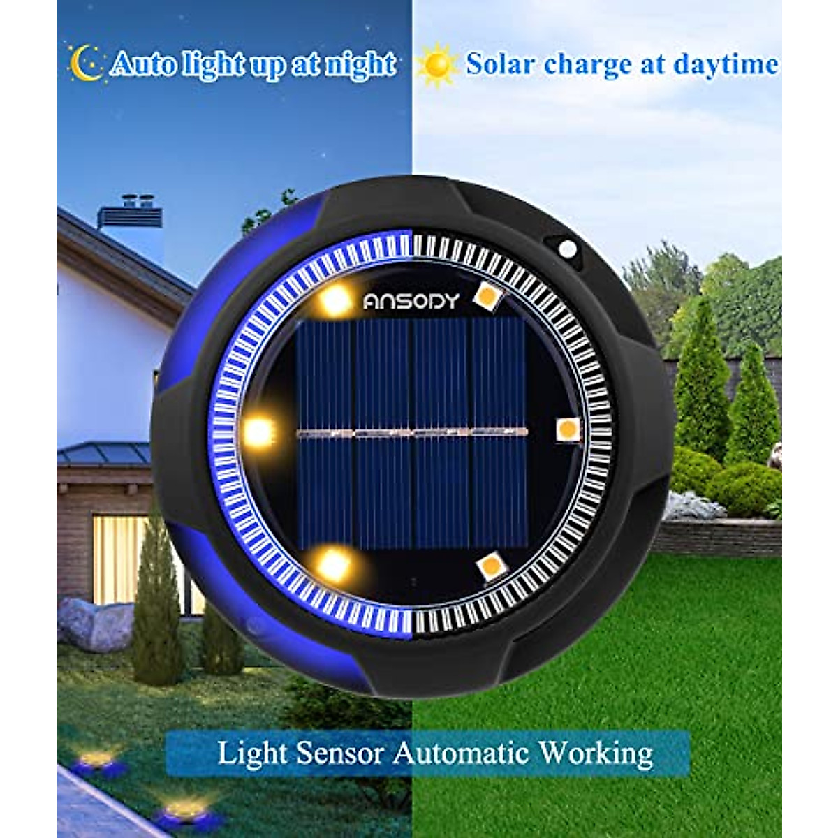 Ansody Solar Powered Ground Lights,6 LED+4 Blue Side Lights,14 Hrs Lighting 1000mA Battery IP65 Waterproof,Solar Driveway Garden Light,Landscape Lighting for Lawn Pathway Porch 8 Pack