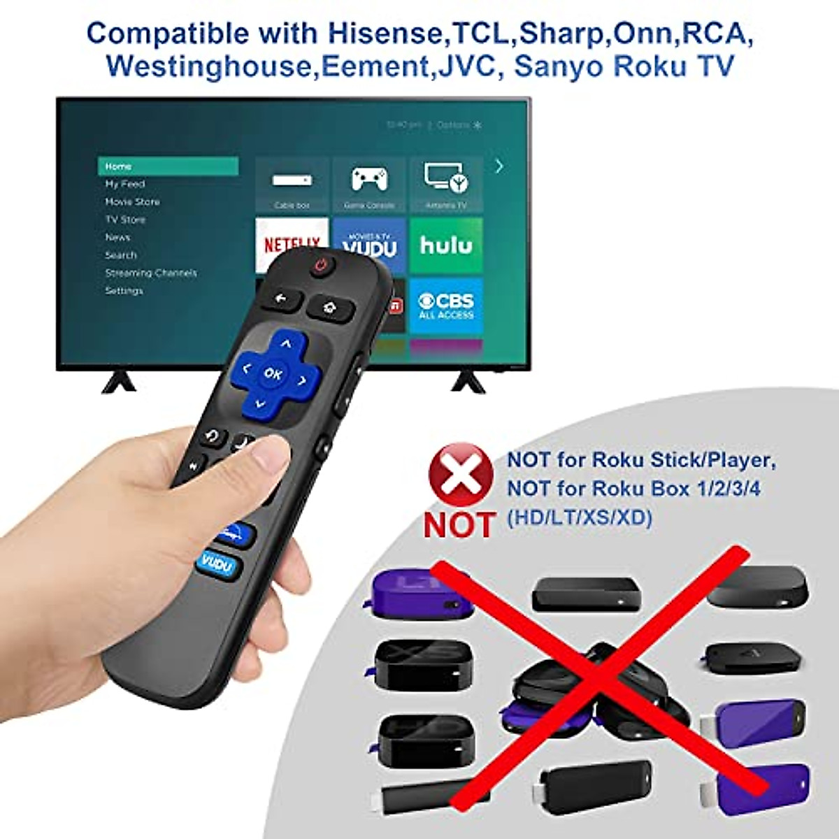 Universal Replacement Remote for Roku TV, Compatible with Hisense Roku/TCL Roku/Onn Roku/Sharp Roku TV, Remote Control with Buttons for Netflix, Disney, Hulu, VUDU【Not for Roku Stick and Box】