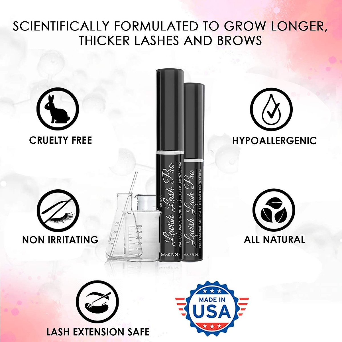 Lavish Lash Pro by Pronexa Hairgenics. Professional Strength Eyelash & Eyebrow Growth Serum. Over 20 Active Growth Promoting Ingredients for the Longest, Fullest Lashes & Brows. 5mL, 6 Month Supply.