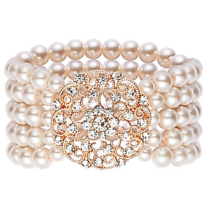 BABEYOND 1920s Flapper Imitation Pearl Bracelet Great Gatsby Elastic Pearl Bracelet Roaring 20s Accessories Jewelry 5 Rows (Style 2-Rose Gold)