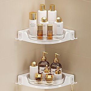 Corner Shower Caddy，360° Lazy Susan Rotating Corner Shower Shelf，2 Pack Shower Organizer with Hooks for Bathroom Storage, No Drilling Wall Mounted Shower Storage,Kitchen Corner Organizer Storage