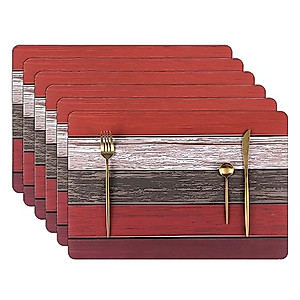 U'Artlines Retro Rustic Wood Texture Placemats Set of 6,Stain Resistant Waterproof Table Mats Trivets for Hot Dishes Washable Rubber Heat Resistant Placemat for Kitchen Dining Table Decoration,Red