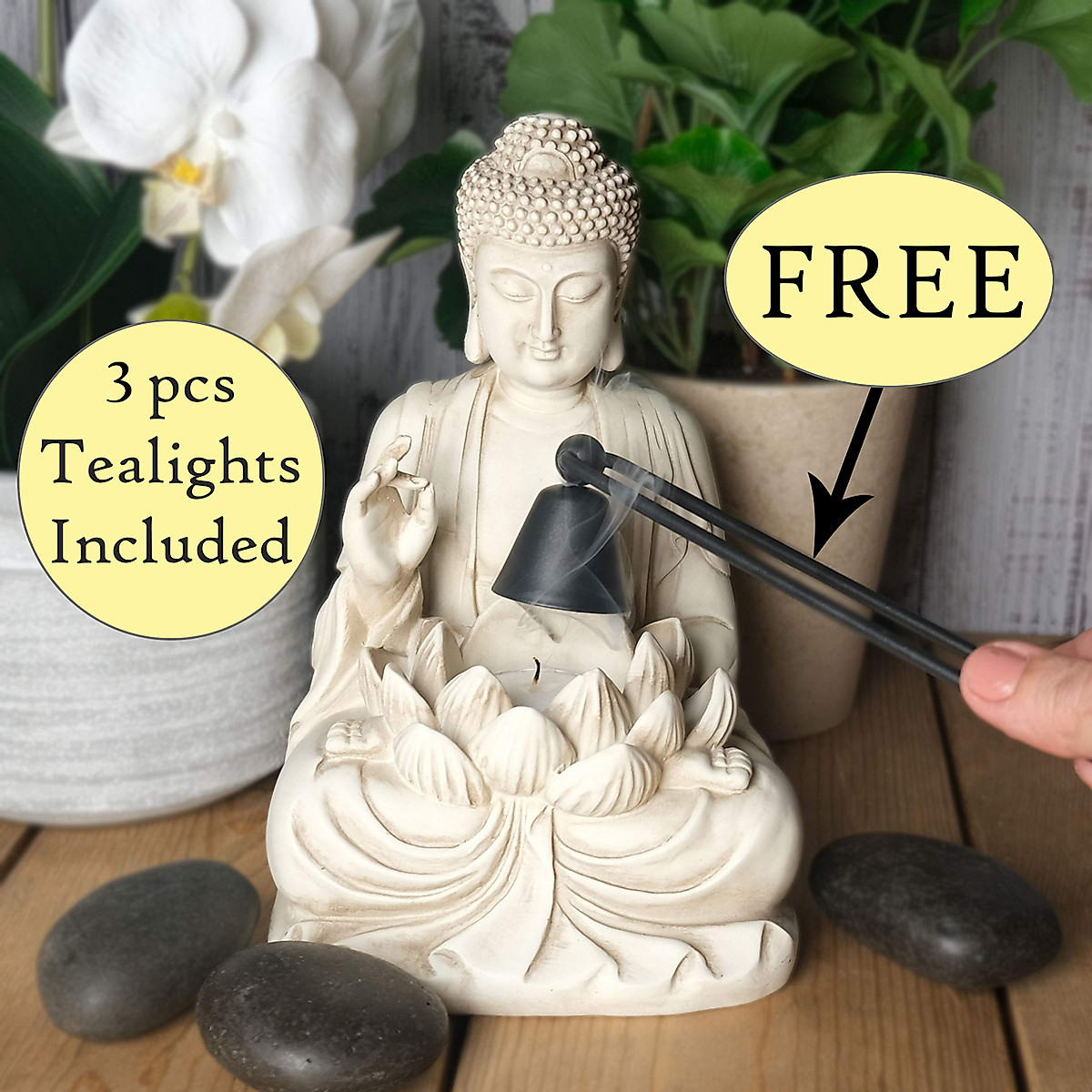 Bella Haus Design Buddha Tealight Candle Holder Statue – 8.5” Tall Polyresin - Zen Home and Garden Decor - Includes 3pcs Tea Lights and Free Candle Snuffer for Office, Indoor, Outdoor Decoration