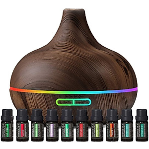 Ultimate Aromatherapy Diffuser & Essential Oil Set - Ultrasonic Diffuser & Top 10 Essential Oils - 300ml Diffuser with 4 Timer & 7 Ambient Light Settings - Therapeutic Grade Essential Oils Dark Oak
