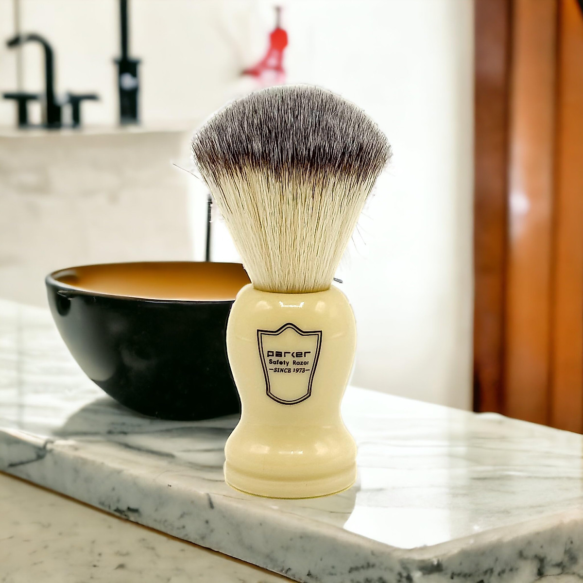 Parker, Synthetic Shaving Brush with Faux Cream Handle - Stand Included