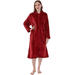 PAVILIA Womens Housecoat Zip Robe, Sherpa Zip Up Front Robe Bathrobe, Fuzzy Warm Zipper House Coat Lounger for Women Ladies Elderly with Pockets, Fluffy Fleece Long - Wine Red (Large/X-Large)