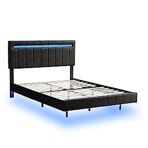 WADRI Modern Queen Size Upholstered Platform Bed, Full Size Floating Bed Frame with LED Lights and USB Charging, LED Bed Frame for Kids Teens Adults, No Box Spring Needed (Black + PU-79X)