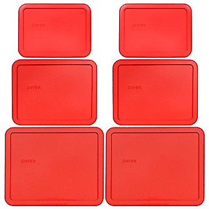 Pyrex (2) 7212-PC 11-Cup, (2) 7211-PC 6-Cup, & (2) 7210-PC 3-Cup Red Plastic Storage Lids, Made in USA