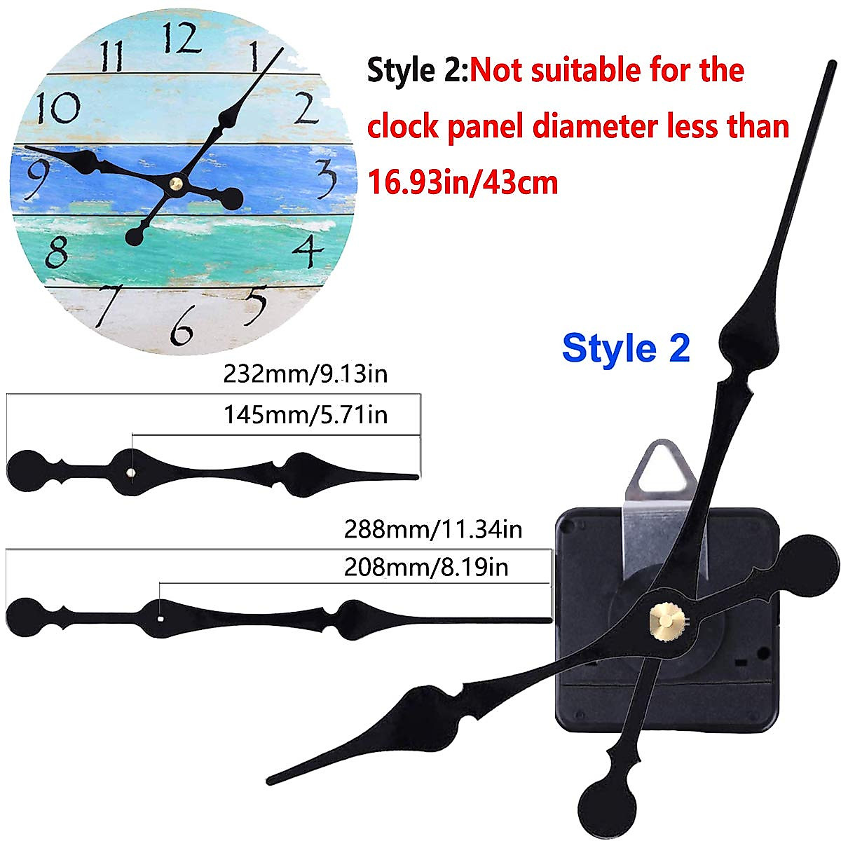 HILLHOME High Torque Long Shaft Hands Quartz DIY Wall Clock Movement Mechanism with 12 Inch Long Spade Hand Battery Operated Repair Parts Replacement, 3/10 in Max Dial Thickness, 9/10 in Total Length