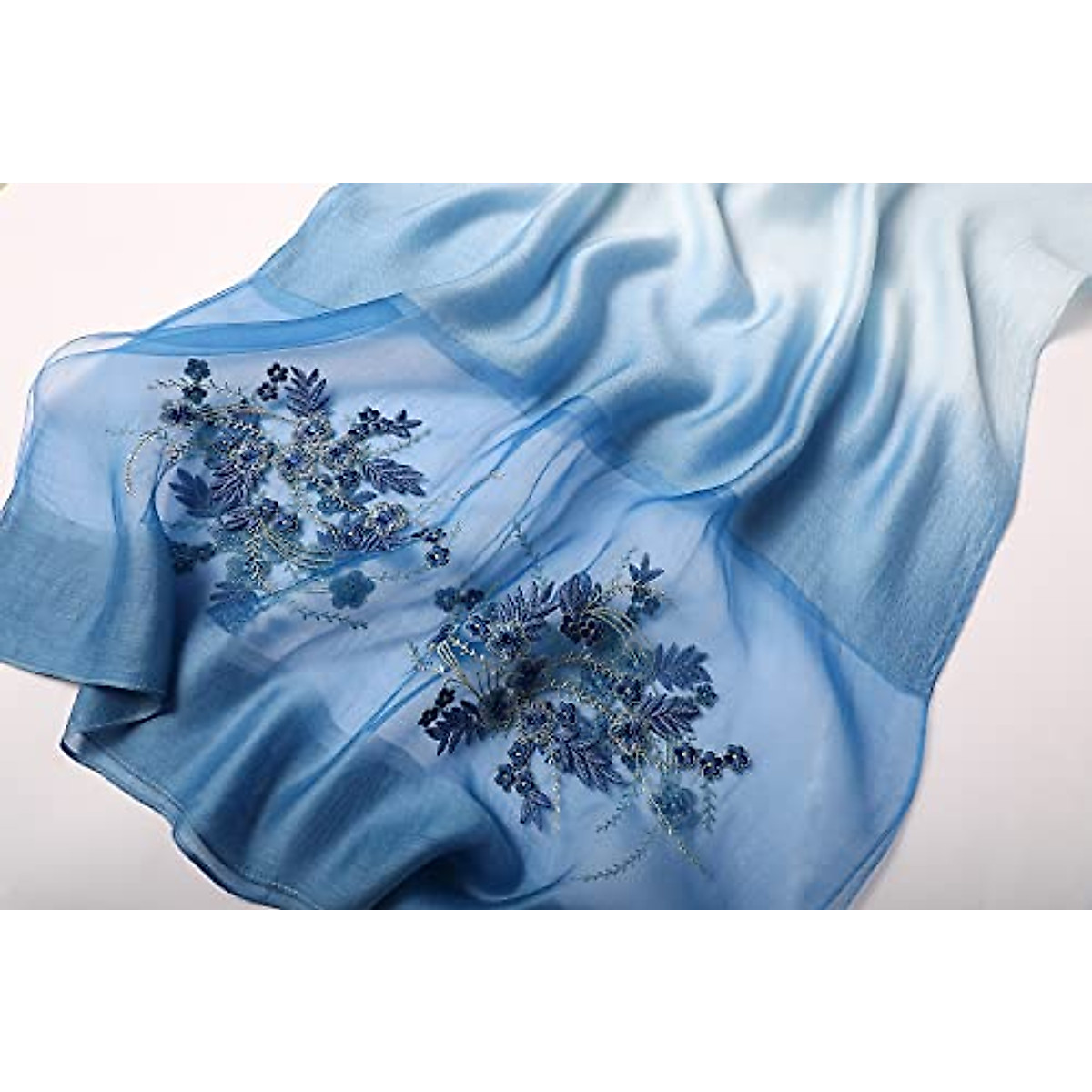 WINCESS.YU Silk Scarf for Women Lightweight Shawls and Wraps for Weddings Fashion Pashmina Shawl Embroidered Scarves (Blue)