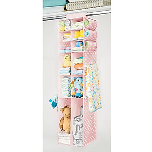 mDesign Long Fabric Hanging Organizer - Over Closet Rod Storage with 12 Shelves and Side Pockets for Baby Nursery Bedroom Organization - Hold Clothes, Linens, Toys, Accessories - Pink/White Polka Dot