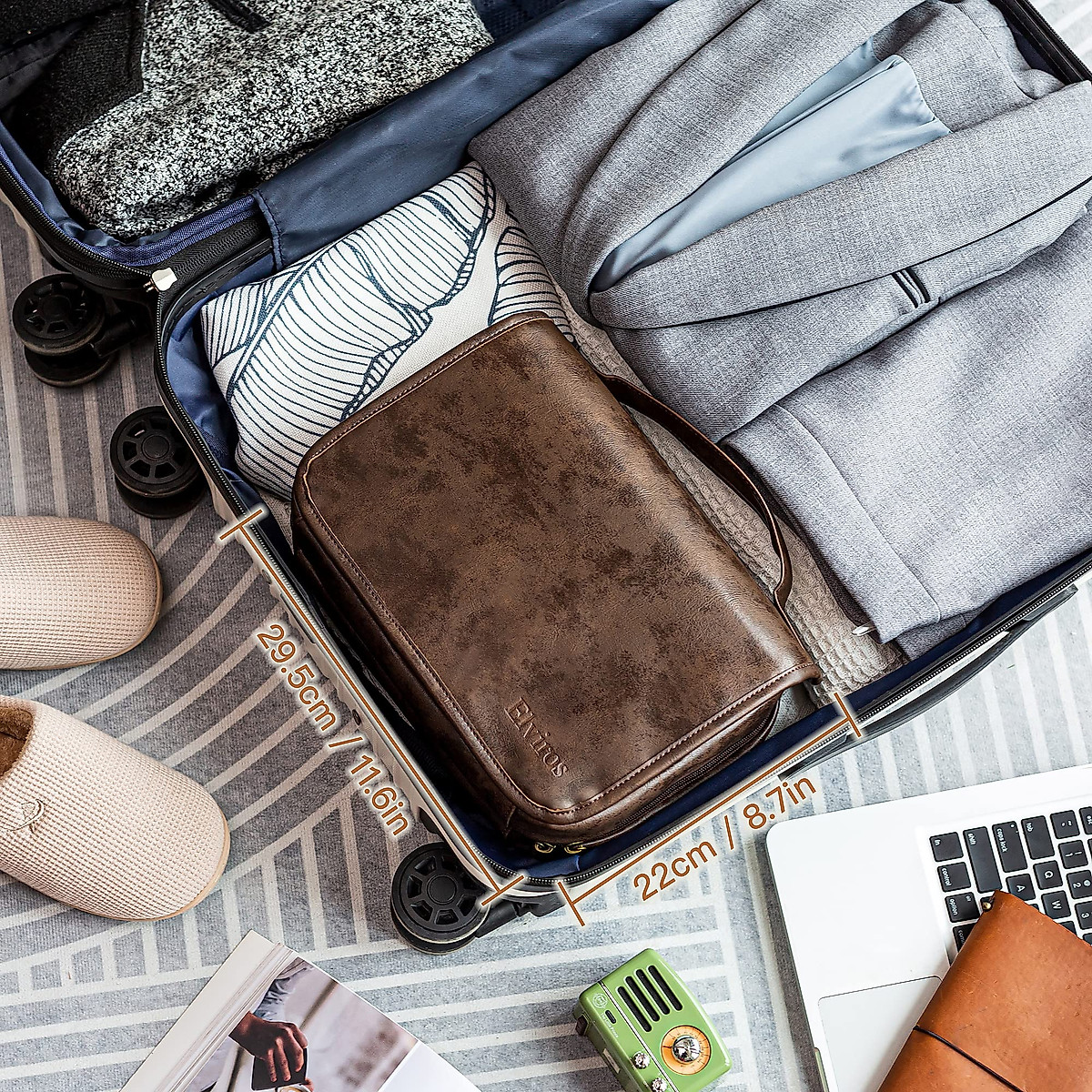 Elviros Hanging Toiletry Bag Removable Travel Bag PU leather Makeup Cosmetic Organizer Kit, Coffee