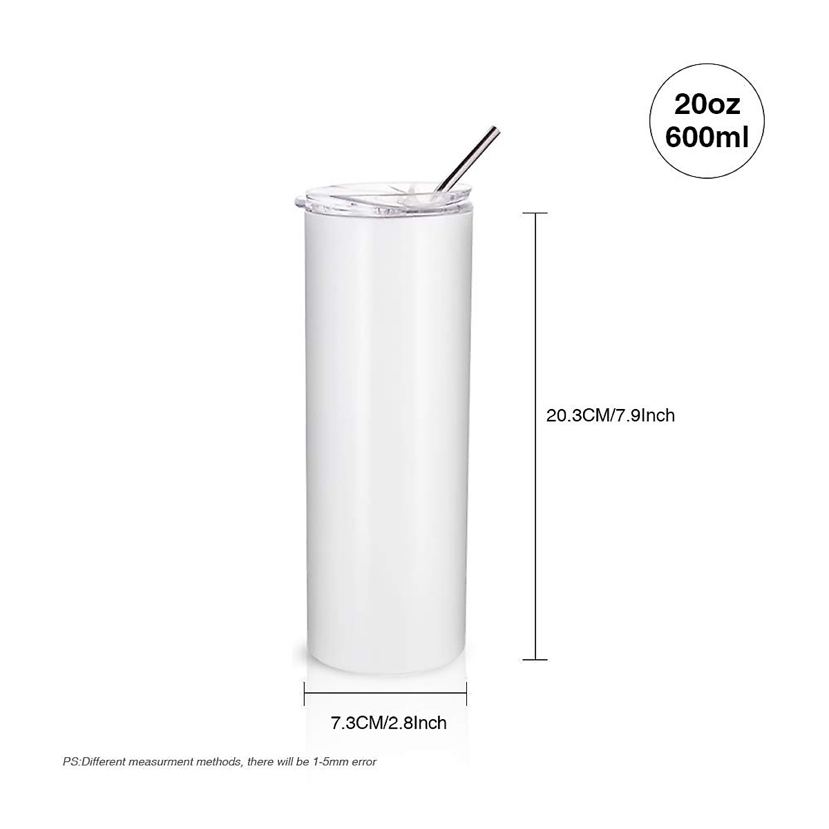PYD Life 2 PCS Sublimation Blanks Skinny Tumbler White 20 OZ Straight Double Wall Stainless Steel Cups with Metal Straw for Tumbler Heat Press Machine Printing