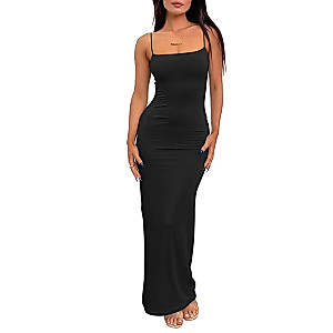 LILLUSORY Womens Bodycon Maxi Dresses 2025 Spring Fashion Summer Casual Slip Long Sundress Sun Sleeveless Beach Vacation Resort Wear Midi Cute Trendy Going Out Dress Outfits Clothes Black