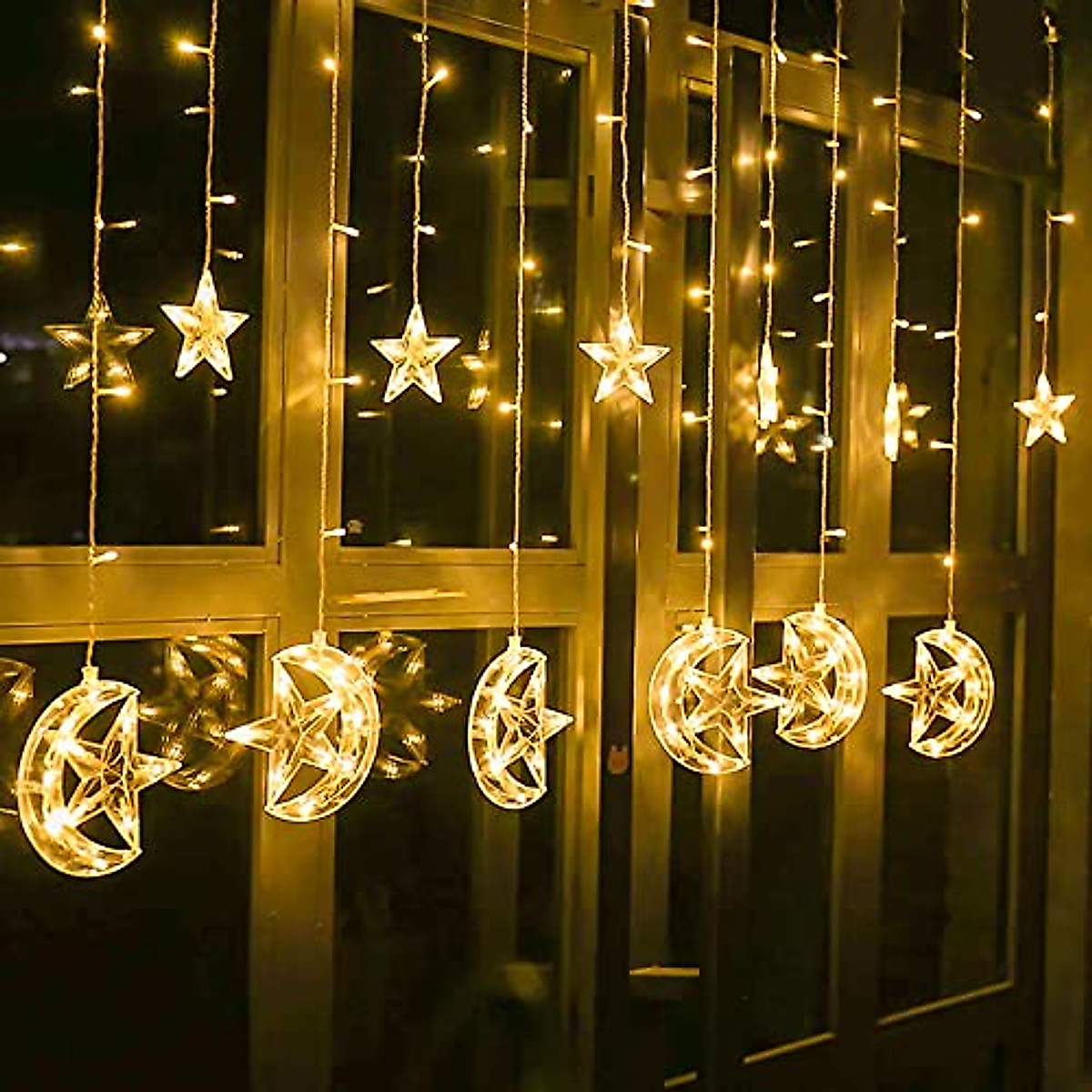 FUNPENY Solar Star and Moon Fairy String Lights 138LED 8 Lighting Modes Outdoor/Indoor Waterproof Twinkle Curtain Light for Backyard Garden Patio Home Ramadan Decoration