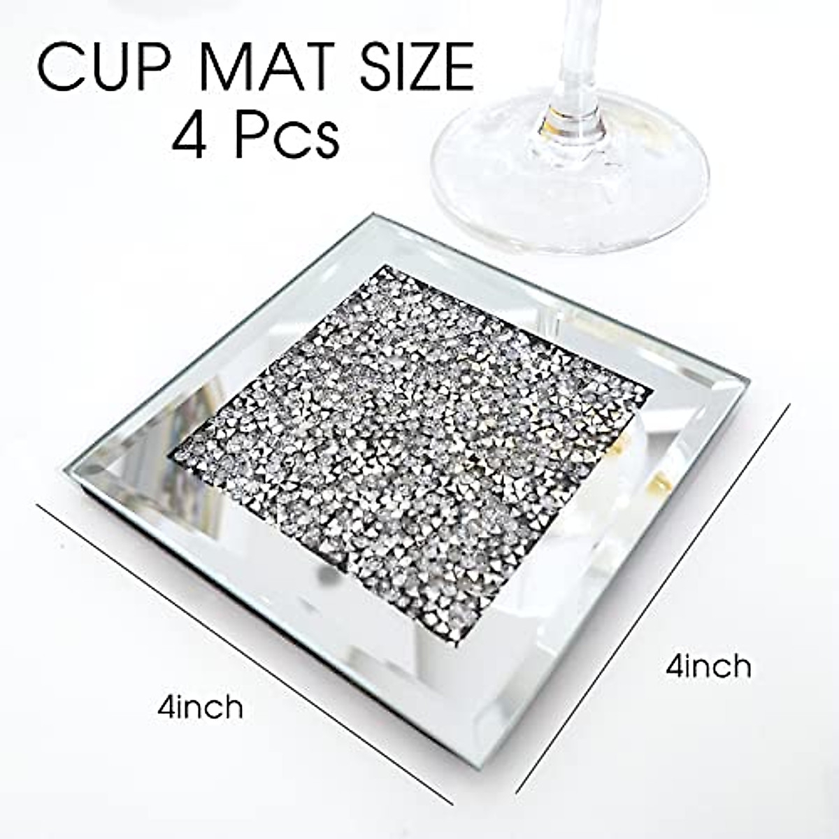 VASUHOME 4PCS Glass Mirrored Coaster Set - 4" Round Cup Mat with Crushed Diamond Decor, Ideal for Bar Tools and Dining Tables Tabletop Decoration