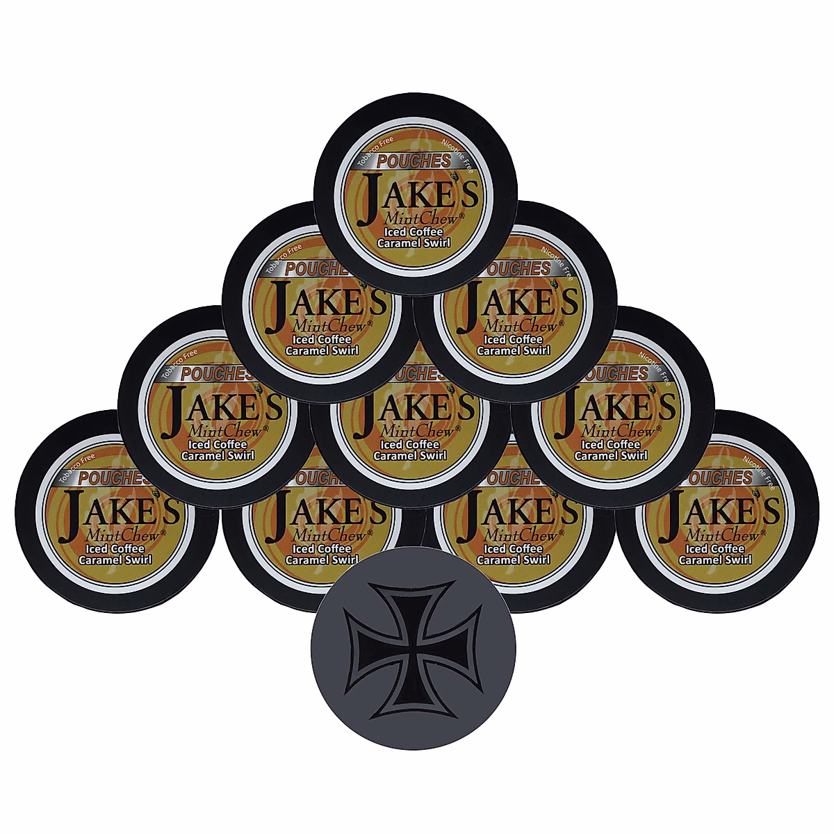 DC Crafts Nation Skin Can Cover Iron Cross with 10 Cans Jake's Mint Chew Iced Coffee Caramel Swirl Pouches