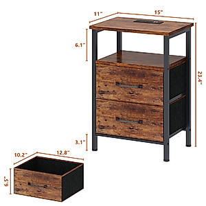 TRIFEBLE Nightstands Set of 2, Night Stand with Charging Station and Led Lights, Bedside Table with 2 Fabric Drawers for Bedroom, Small Side End Table with Open Shelf, Rustic Brown
