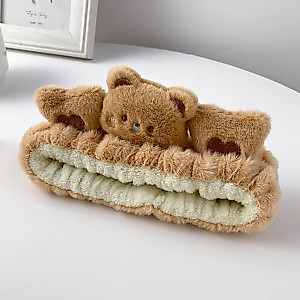 Eluckya Kawaii Spa Headband,Cute Bear Headband for Women Skin Care, Makeup and Wash - Soft Microfiber Coral Fleece Towel Headband for Girls Hair(Brown,Bear