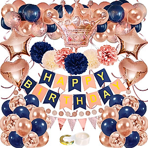 Navy Blue and Rose Gold Birthday Party Decorations for Women Girls,Happy Birthday Banner,Rose Gold Party Decorations for Women with Tissue Paper Pom,Hanging Swirls,Circle Dots Garland for Women Girls Birthday Decorations