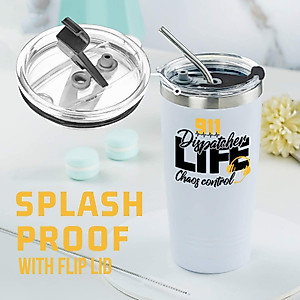 Onebttl 911 Dispatcher Gift - Chaos Control - 20 oz/590 ml Stainless Steel Insulated Tumbler With Straw - Thank You, Appreciation, Birthday Gifts (White)