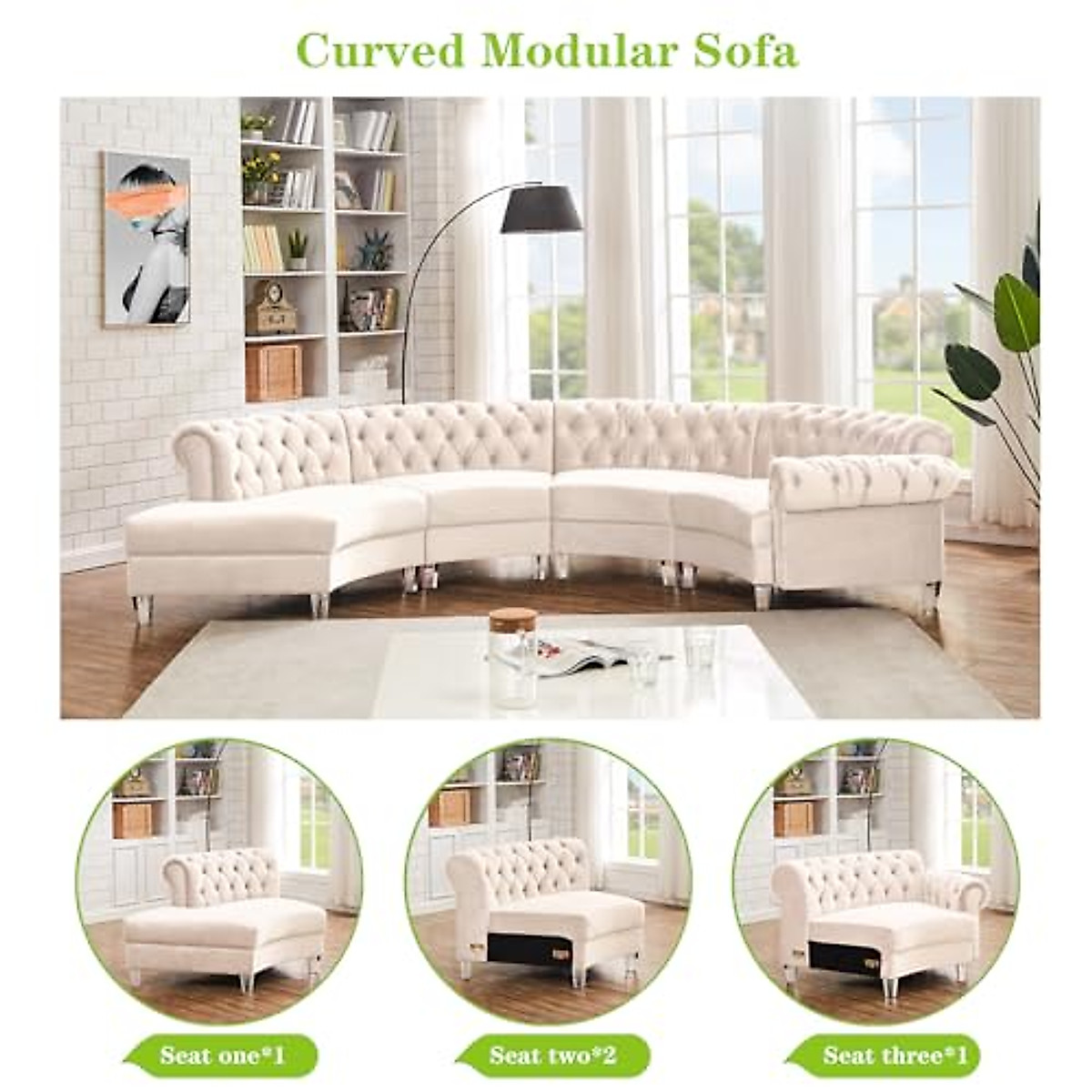 Legend Vansen Curved Velvet Sectional Sofa,Modern Upholstered Tufted Modular Sectional Sofa with Metal Legs,Comfy Semicircle Couch with Rolled Arms and Nailheads for Living Room,Bedroom（Beige）