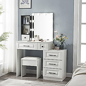 Abesthink Makeup Vanitv Table with Drawers,White Vanity with Mirror and Light Set,Vanity Desk with Drawers and Lights,Modern Vanity Table Desk with Shelves and Stool for Bedroom
