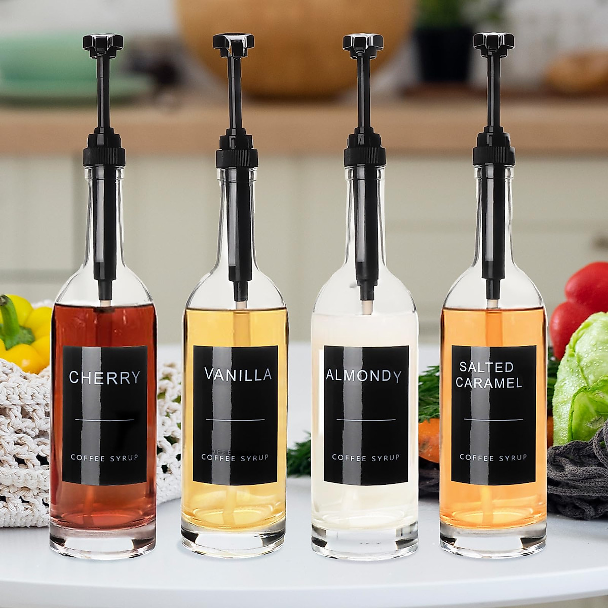 MSTCMZP 25.4 oz 750 ml Coffee Syrup Dispenser Set - 4 Black Dispensers With Pump & Labels - Glass Bottle Included - Coffee Bar Accessories