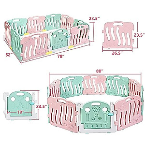 INFANS Baby Playpen, Kids Play Activity Center Yard for Toddlers, 10-Panel Safety Foldable Play Yard with Safety Lock, Adjustable Shape, Game Panel & Gate for Indoors or Outdoors (Green & Pink)