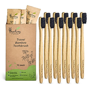 Traveling Panda Bamboo Toothbrushes Soft Bristles Charcoal Infused, Travel Toothbrush Kit, Essentials for on The Go Teeth Brushing, 10 Large Brushes