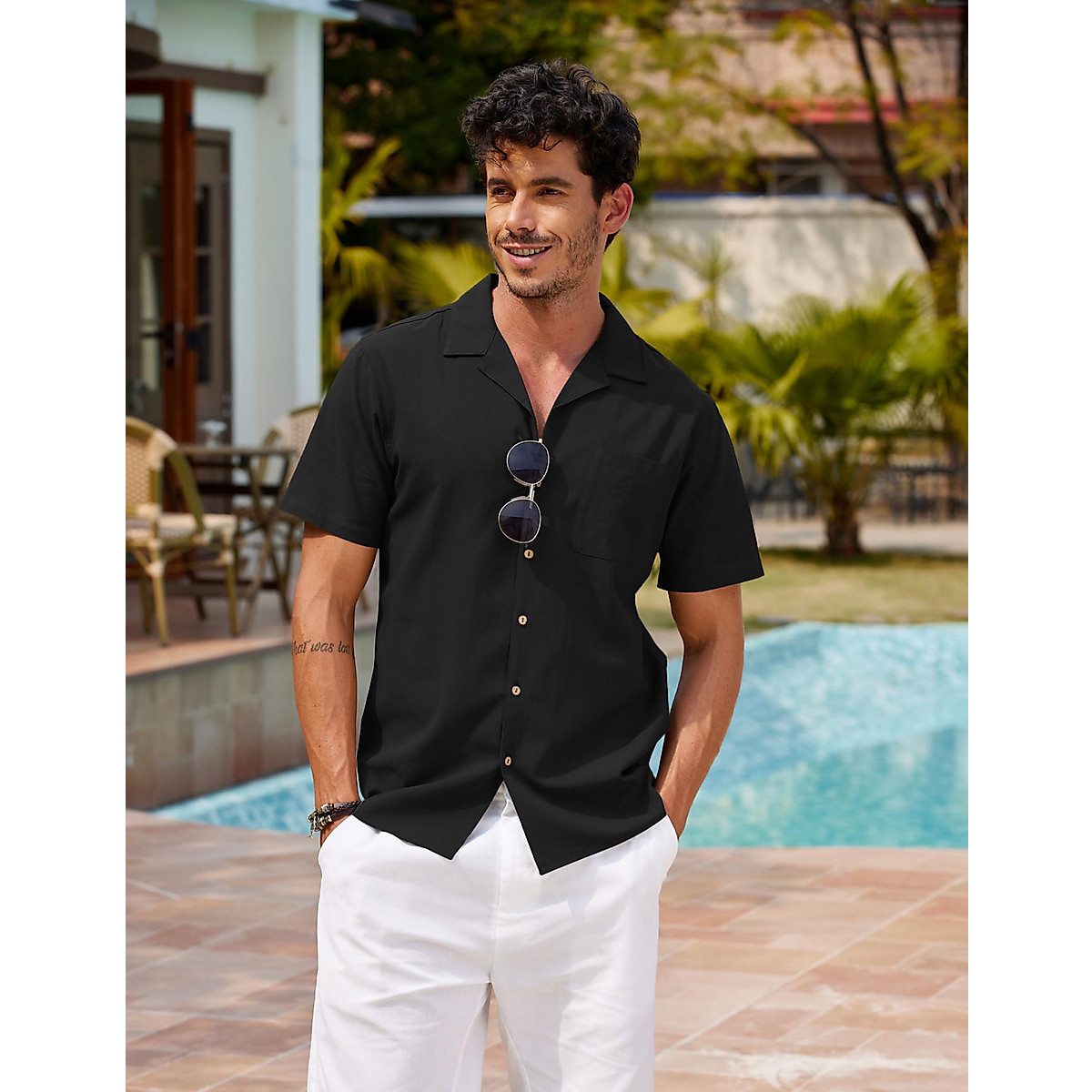 COOFANDY Men Beach Linen Shirts Boho Hippie Shirts Summer Cotton Tops Big and Tall A- Black