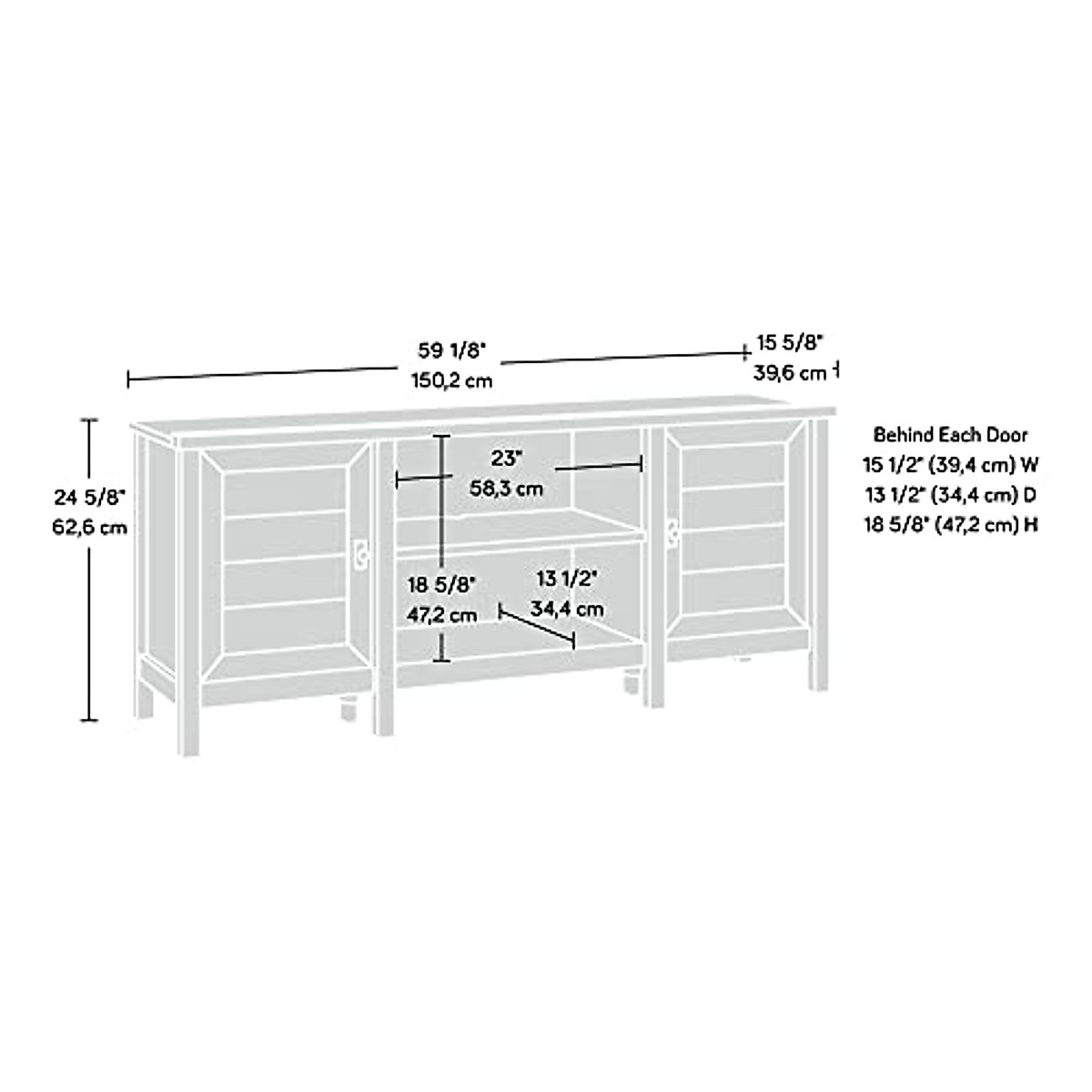 Sauder Cottage Road TV Credenza with Doors, L: 59.13" x W: 15.59" x H: 24.65", Mystic Oak Finish