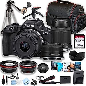 Canon EOS R50 Mirrorless Camera with 18-45mm and 55-210mm Lenses + 64GB Memory + Case+ Steady Grip Pod + Tripod+ Macro + 2X Lens + Software Pack + More (34pc Bundle)